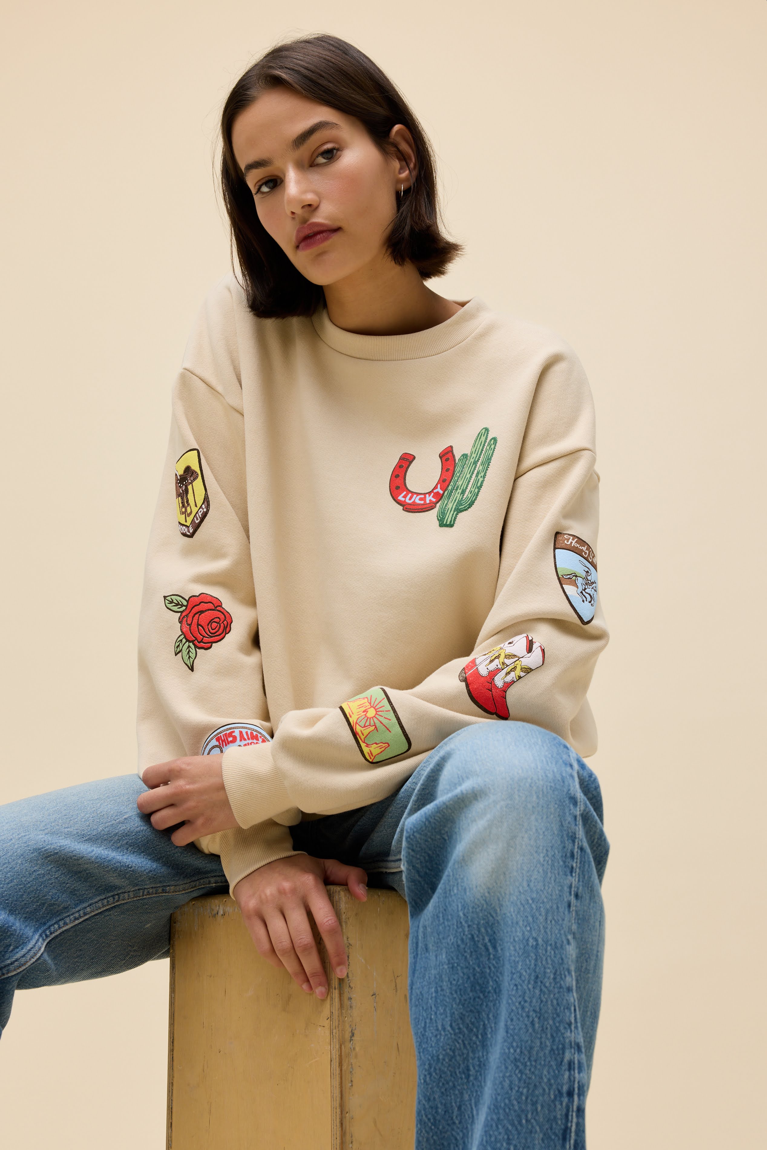 Western Patches Oversized Crew Sweatshirt– Daydreamer